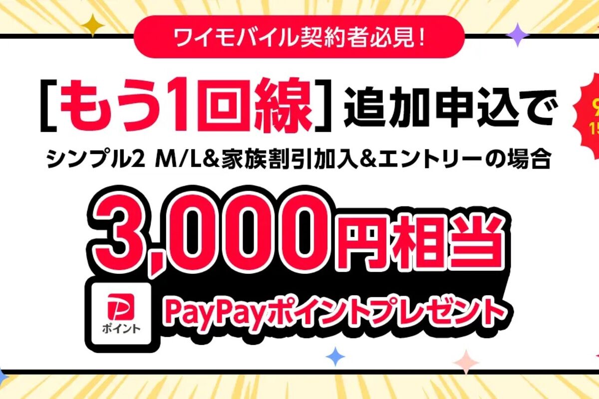 ワイモバイル、もう1回線の契約でPayPayポイント3000円相当を付与 9月9日まで | アプリオ