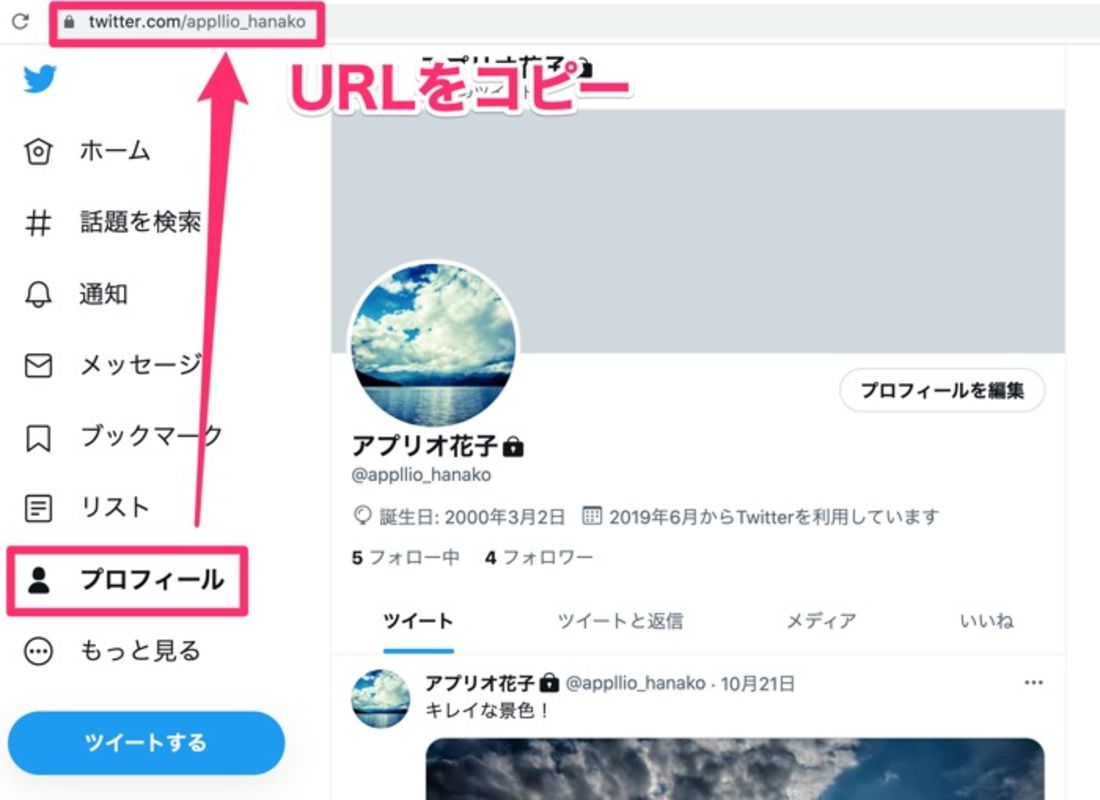 Twitterで自分のアカウントURLを確認してリンクをコピペする方法 | アプリオ